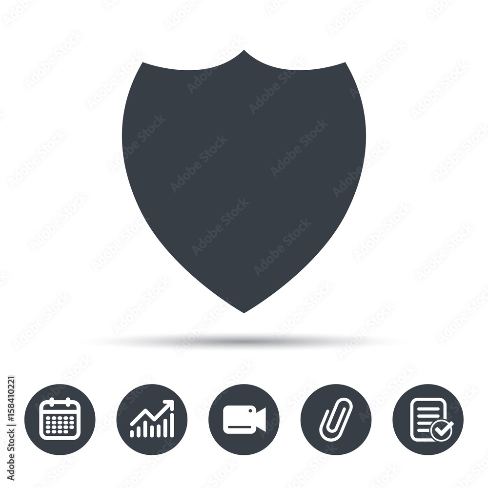 Shield protection icon. Defense equipment symbol. Calendar, chart and ...