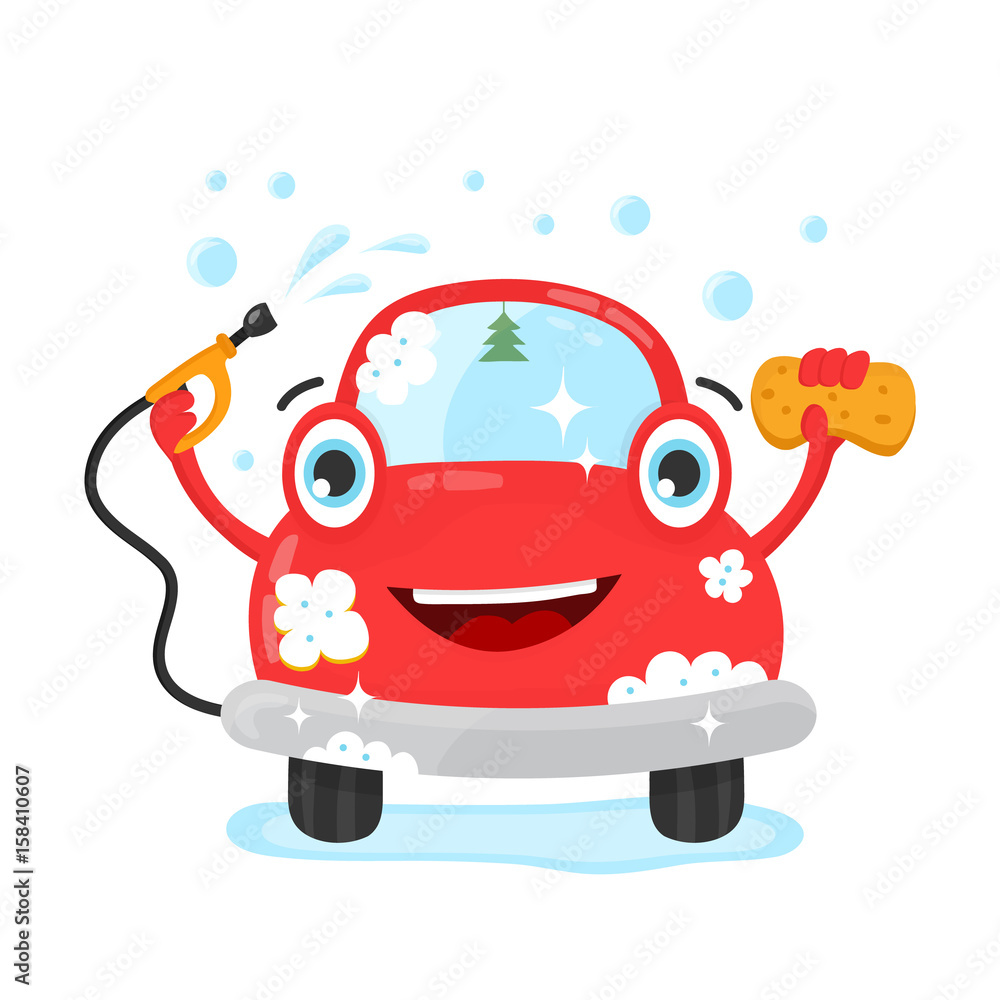 Happy cute fun clear car with hose and washcloth. Vector flat modern ...