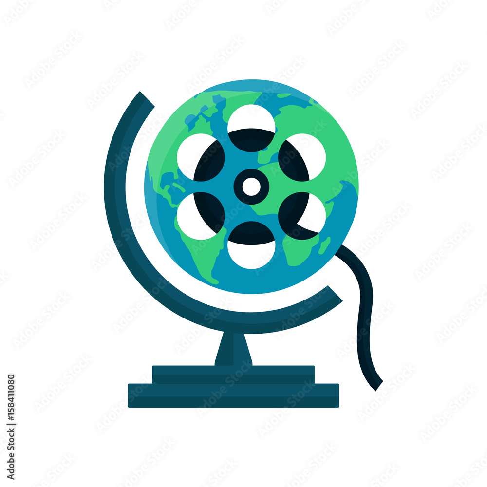Globe movie, World cinema festival, film concept. Vector logo flat ...