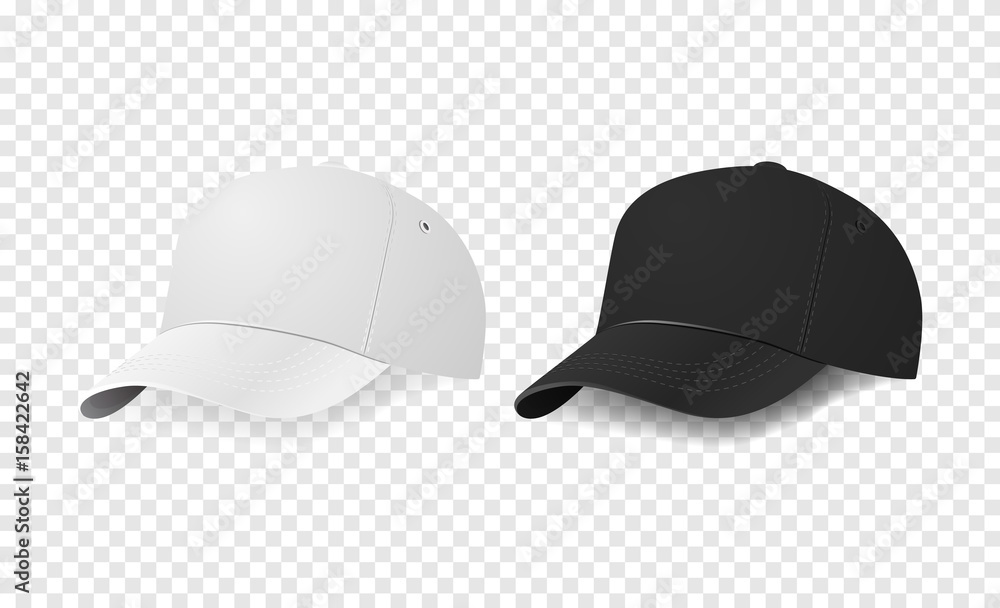 White and black baseball cap icon set. Design template closeup in ...
