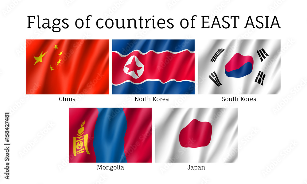Set of waving flags of East Asian countries: China, South and North ...