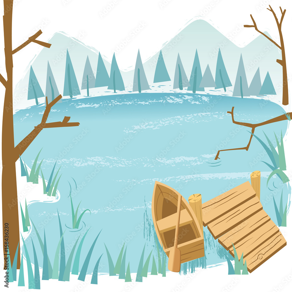 cartoon style lake illustration. Stock Vector | Adobe Stock