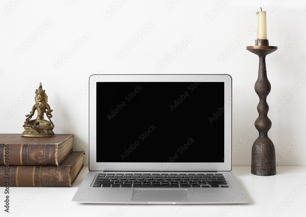 Working place of the historian studying ancient cultures. Front view of ...