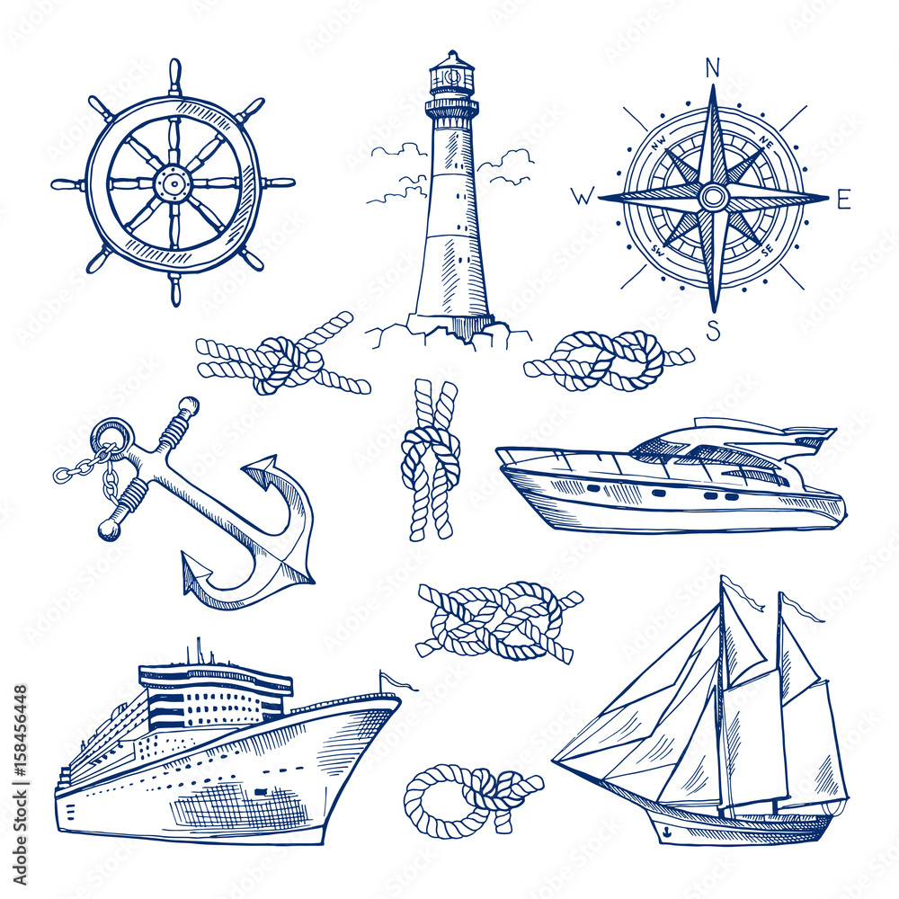 Marine doodles set with ships, boats and nautical anchors. Vector ...