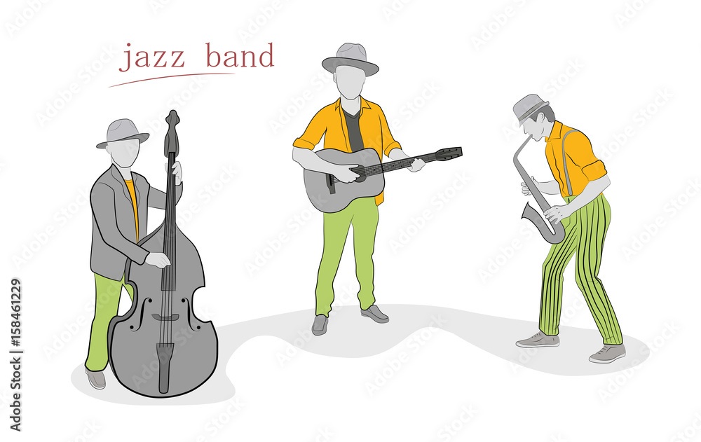 Jazz band with different musical instruments. Hand drawn cartoon vector ...