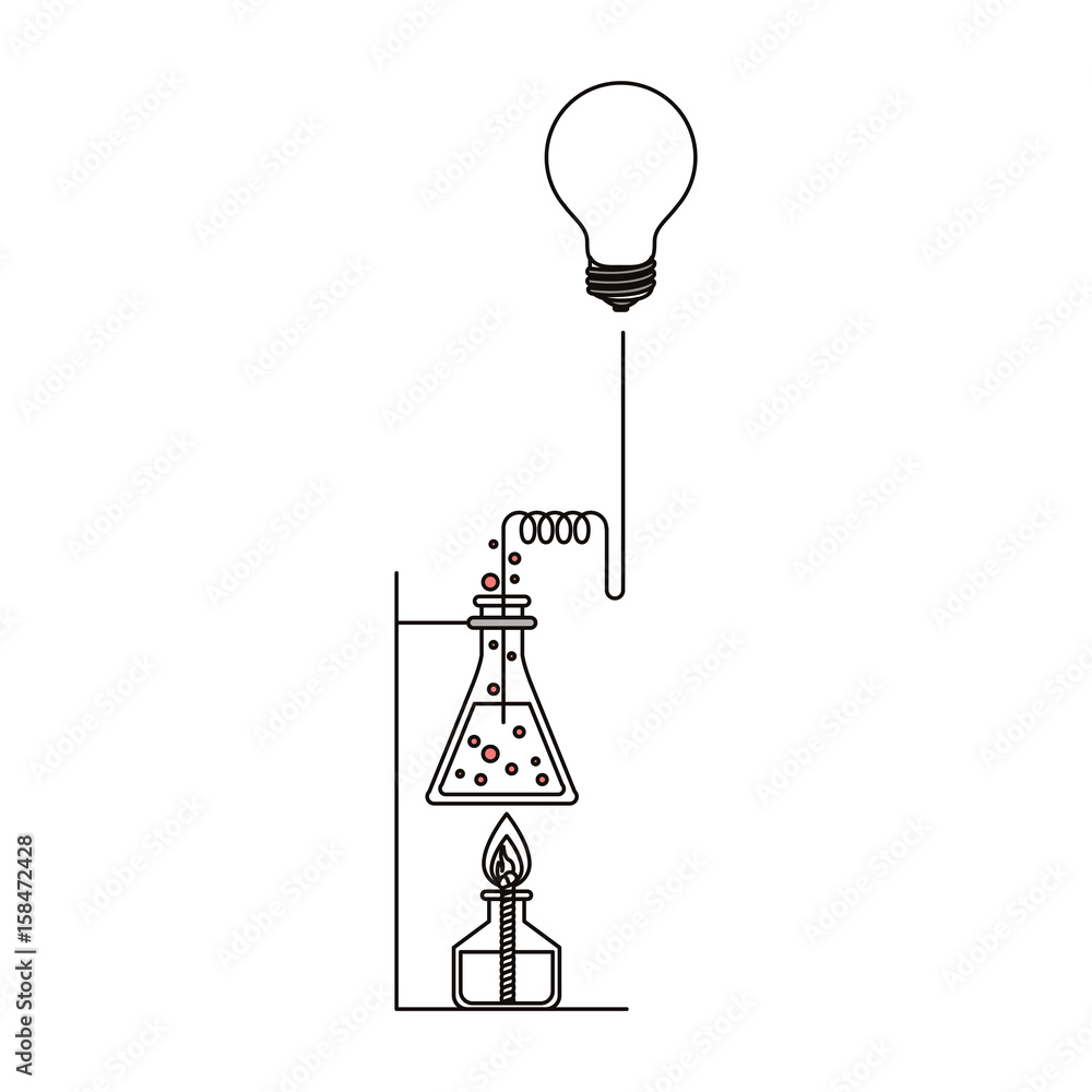 sketch silhouette of glass beaker connected to light bulb and lighter ...