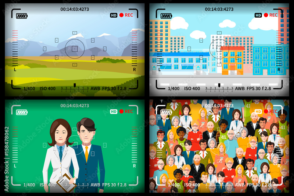 Different scene types with photo camera viewfinder marks. Different ...