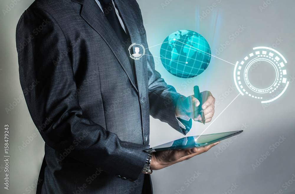 Businessman is holding tablet and open hologram to connect people with ...