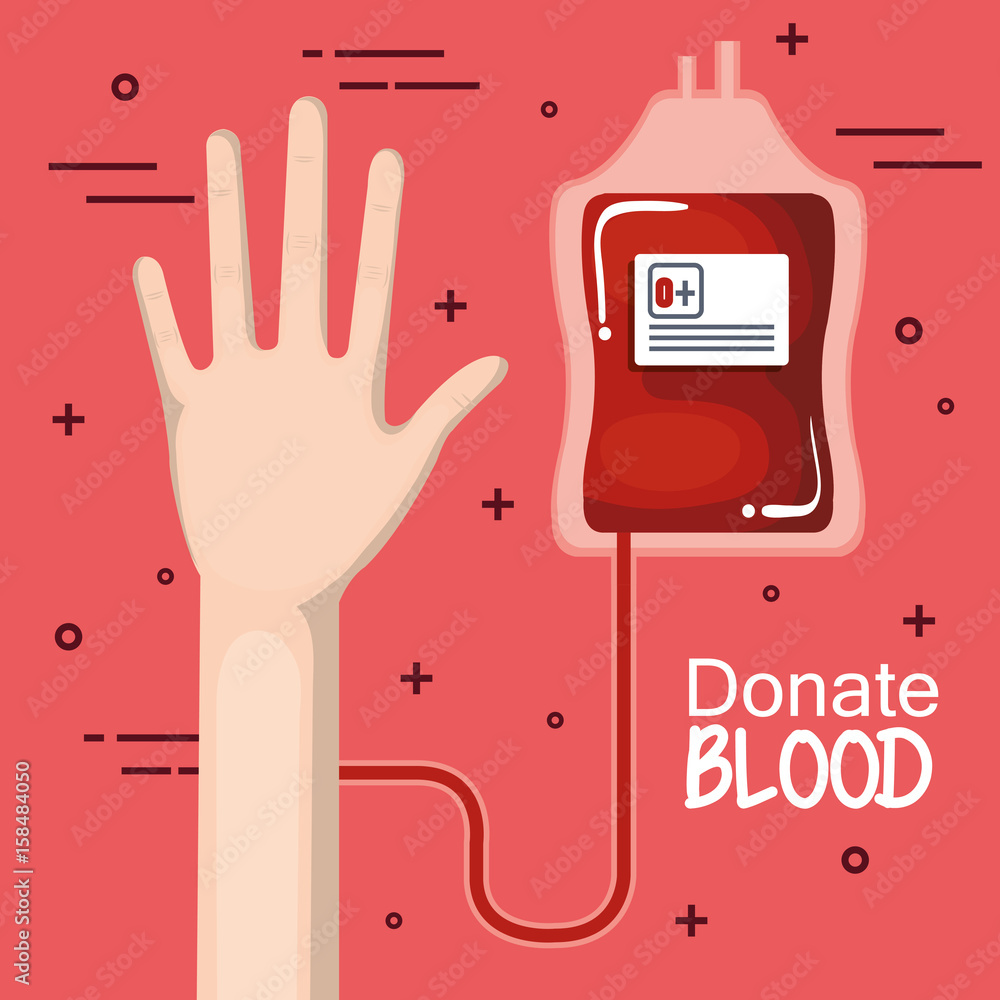 Hand and blood unit with donate blood sign over red background vector ...