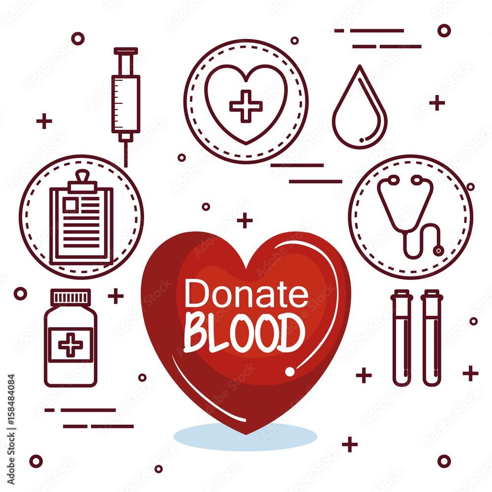 Red heart with donate blood sign and healthcare related items stickers ...