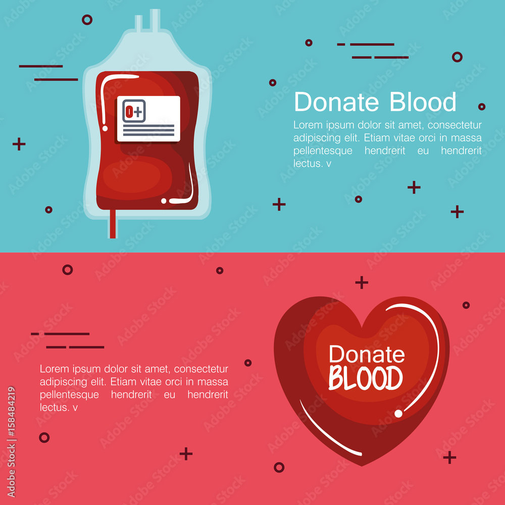 Donating blood infographic with heart and blood unit over magenta and ...