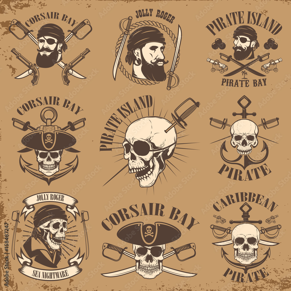 Set of pirate emblems on grunge background. Corsair skulls, weapon ...