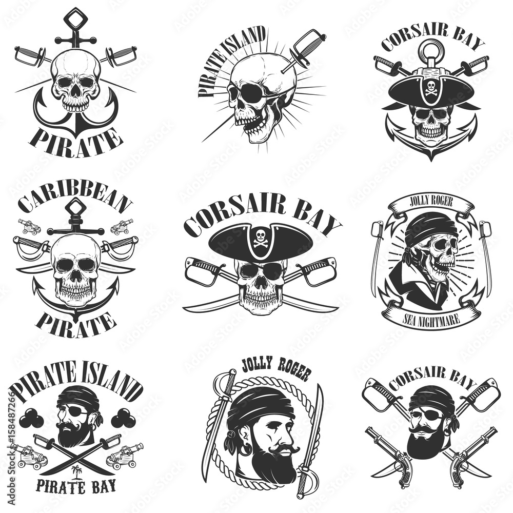 pirate emblems onwhite background. Corsair skulls, weapon, swords,guns ...
