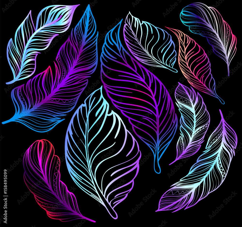 Large set of neon art feathers Stock Vector | Adobe Stock