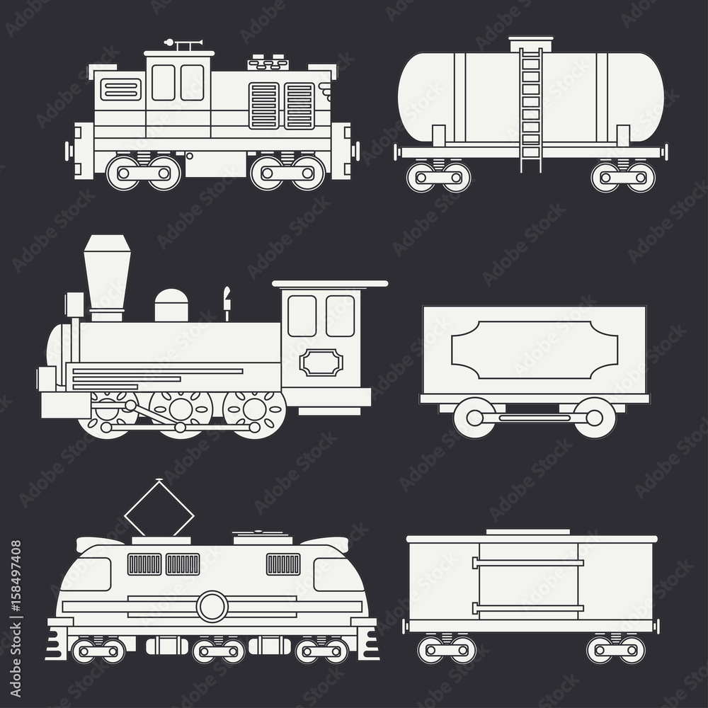Trendy flat modern and vintage trains with cargo wagons and tank icons set. Steam, diesel and ...