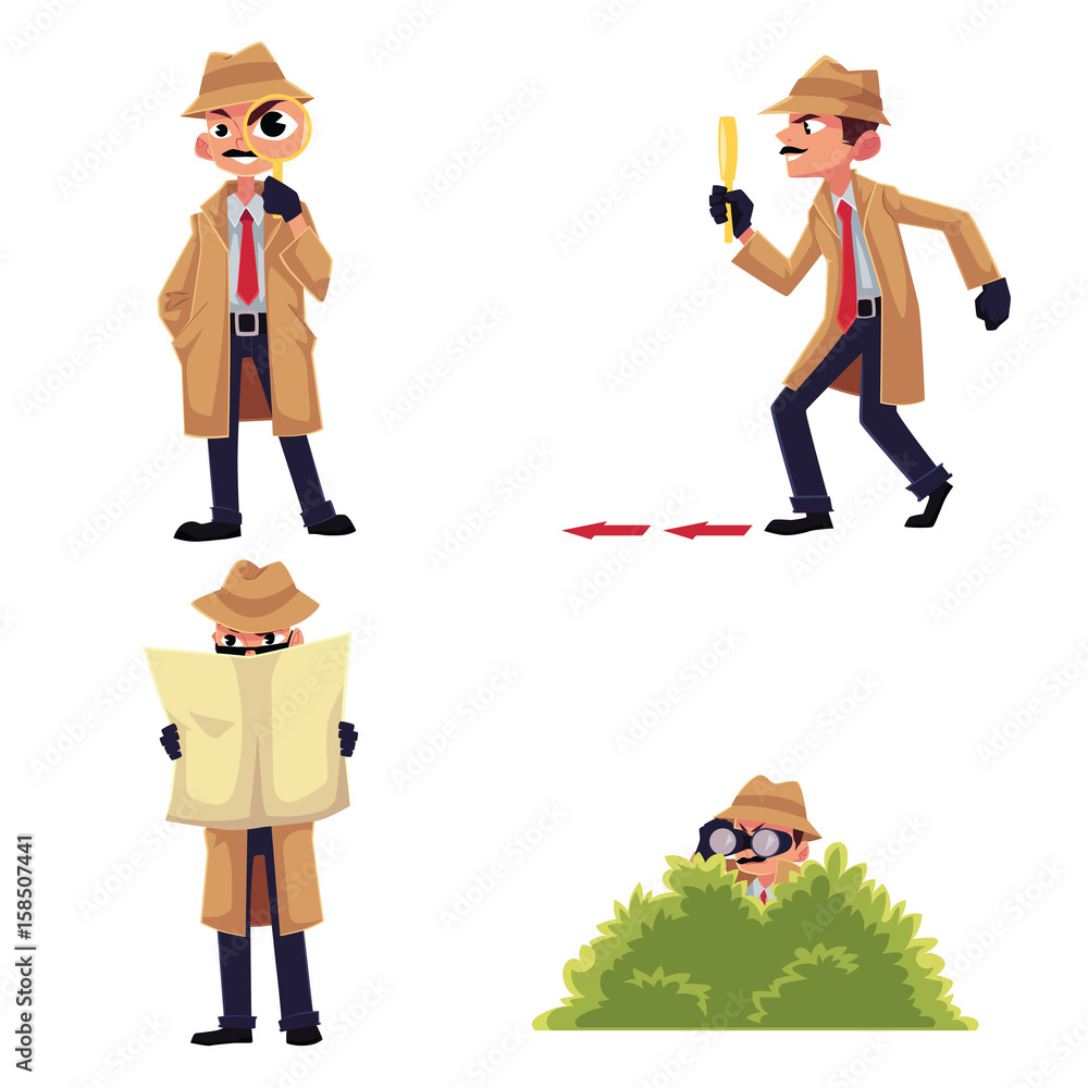 Detective character with magnifying glass, sleuthing, disguising ...