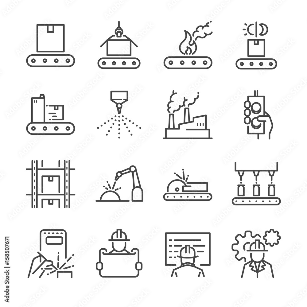 Manufacturing line icon set. Included the icons as process, production ... Manufacturing line icon set. Included the icons as process, production ...