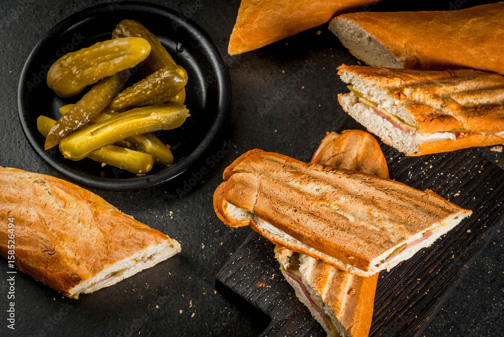 Cuban traditional food, snack, party food. Cuban sandwich from baguette ...