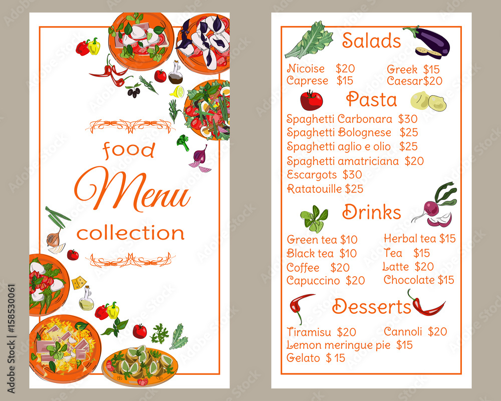 Restaurant menu vertical template. Food menu design. Vector drawn sketch illustration. Stock ...