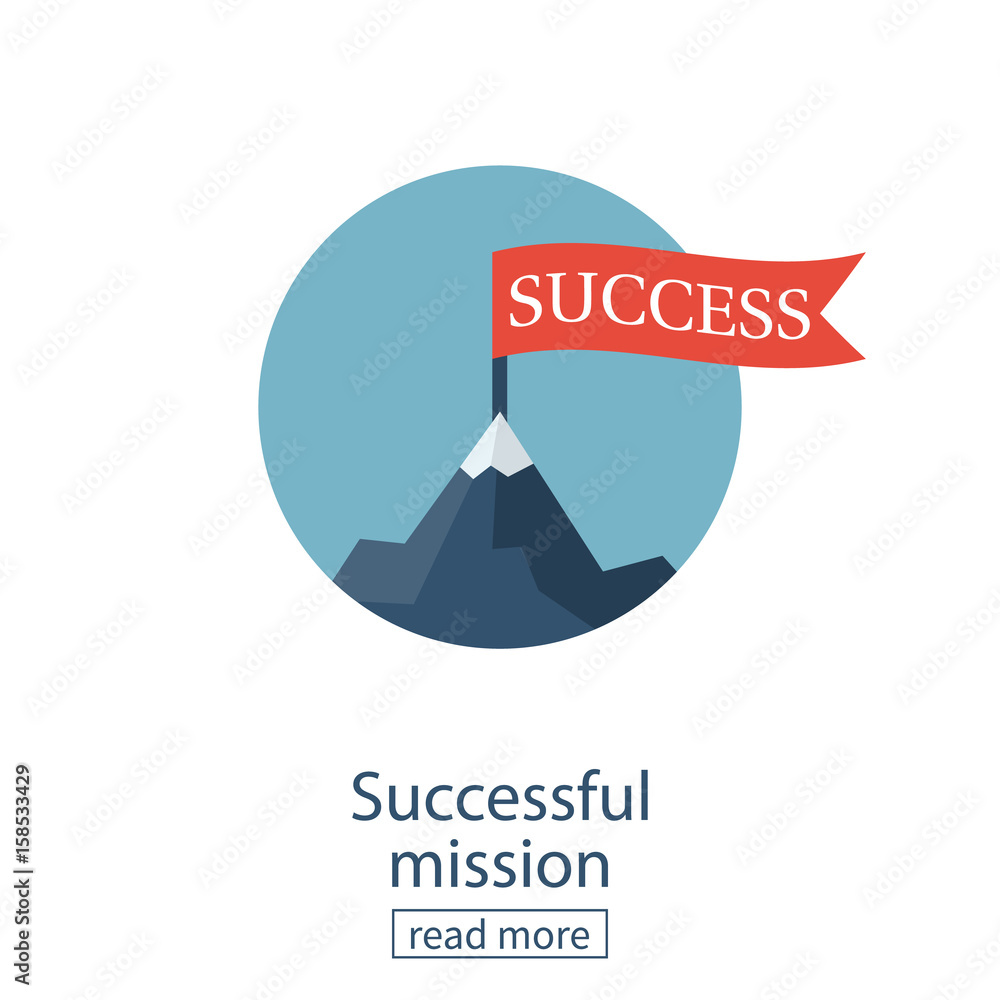 Successfull mission icon business concept. Red flag on mountain peak ...