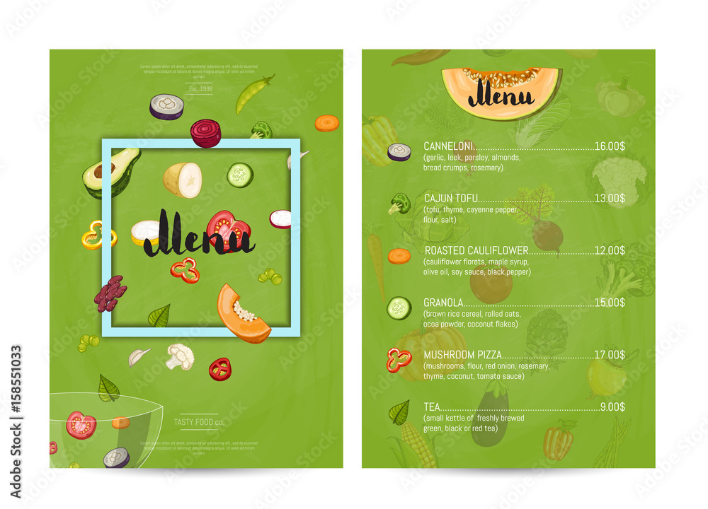 Vegetarian restaurant food menu design vector illustration. Vegan cafe ...