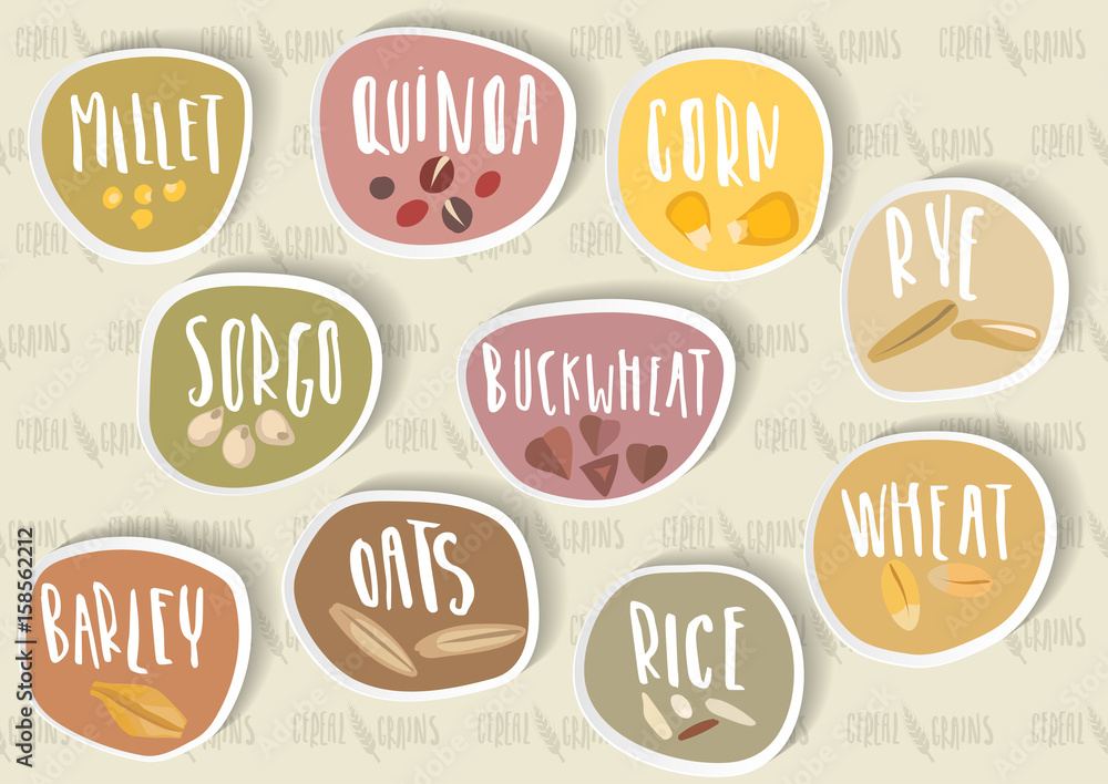 Vector set of round cereal emblems, stickers with handwritten lettering ...