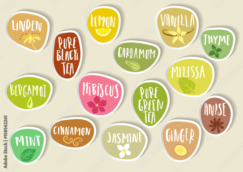 Vector set of trendy paper stickers for tea packing. Various natural ...