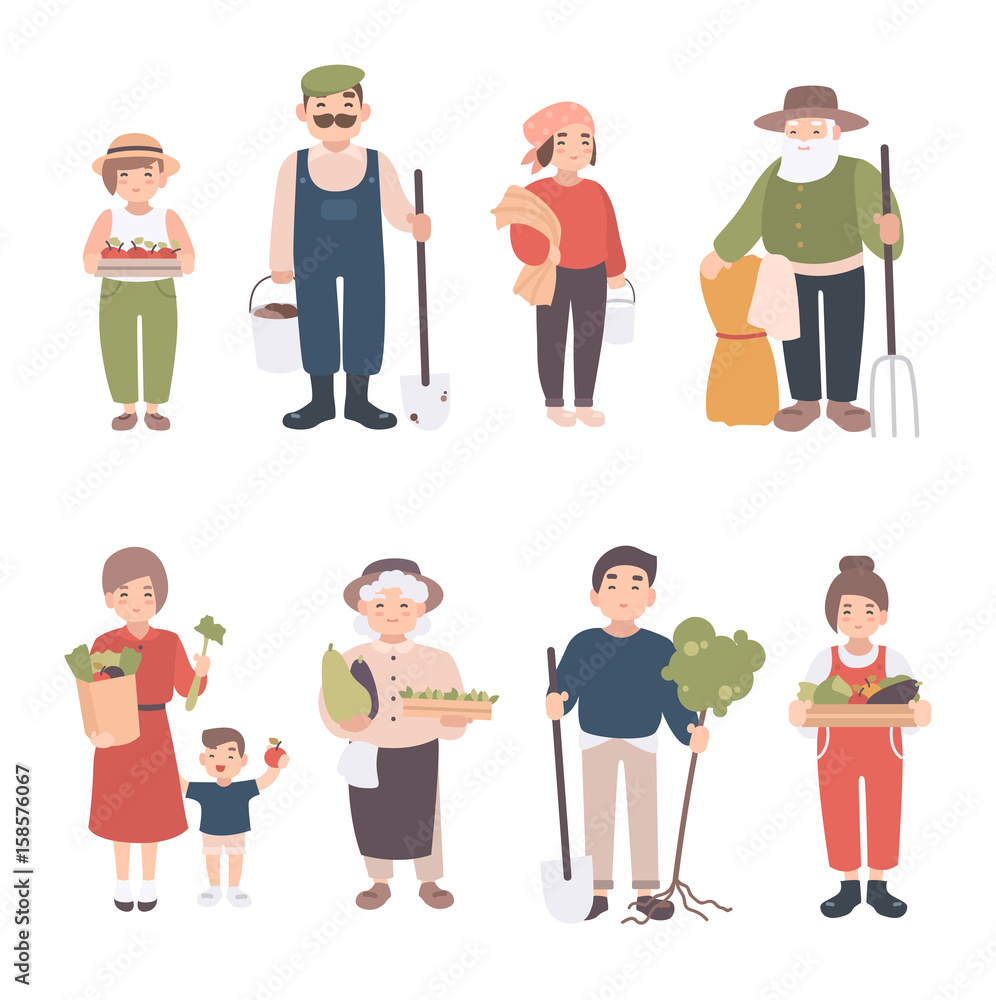 Set of village people. Different young, adult, old farmers and kids ...