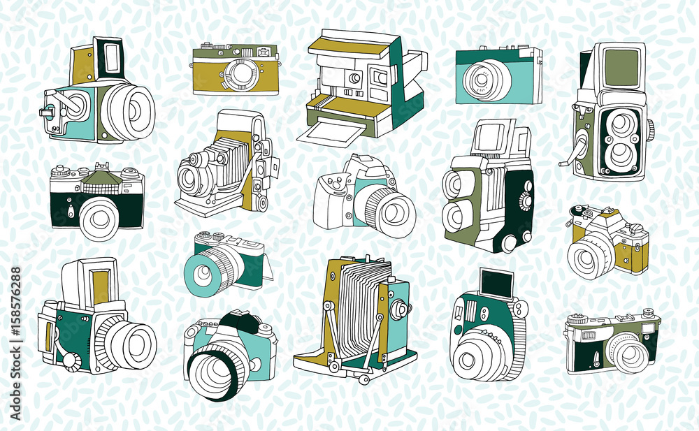 Set of different photo cameras. Hand drawn colorful collection in ...