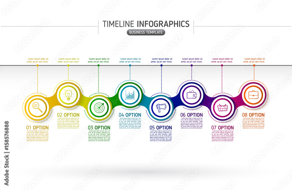 Colorful chain diagram infographics for presentations. Timeline ...