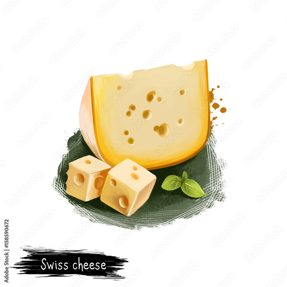 Swiss cheese with basil, digital art illustration isolated on white ...