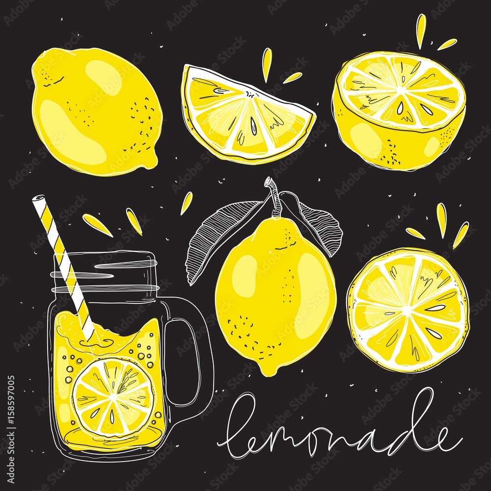 Poster with lemonade elements glass. Lettering fresh lemonade drawing ...