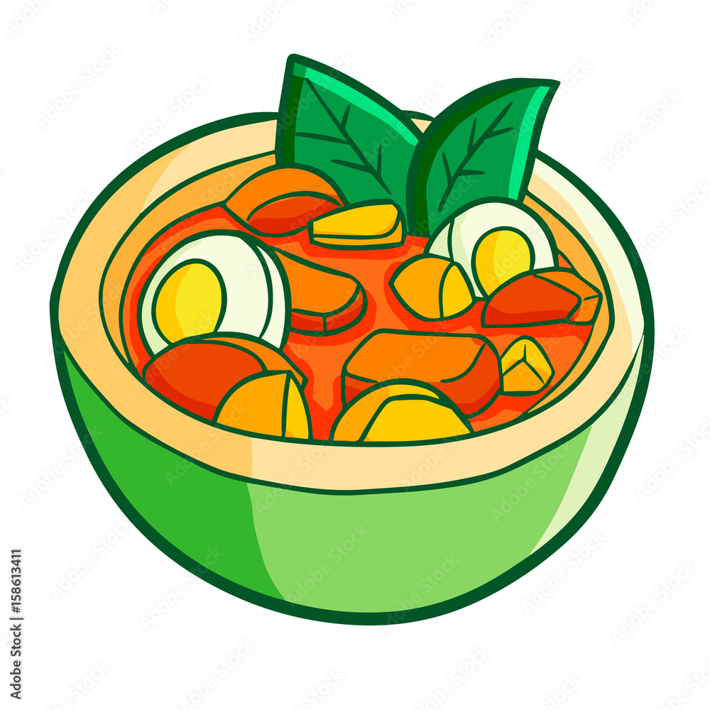 Funny and cute stew in coconut shell in cartoon style - vector. Stock ...