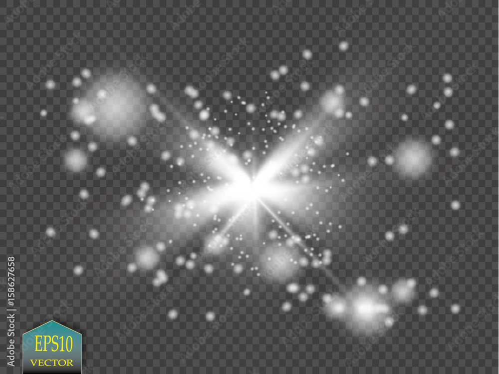 White glittering star dust trail sparkling particles on transparent ...