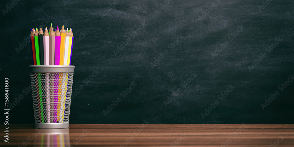 Colored pencils on a blackboard background. 3d illustration Stock ...
