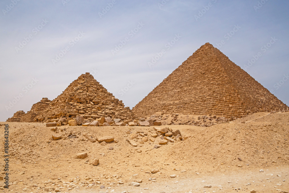Pyramids of Queens and Pyramid of Menkaure in Giza, Egypt Stock Photo ...