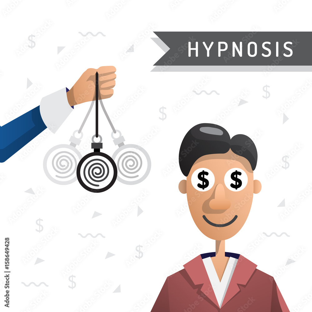 Vector illustration of a man under hypnosis is painted in flat cartoon ...