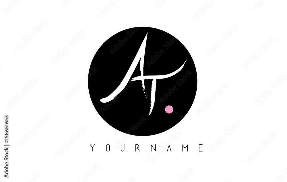 AT Handwritten Brush Letter Logo Design with Black Circle. Stock Vector ...