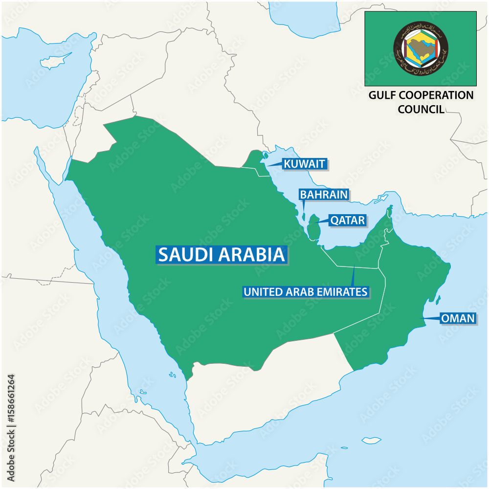 Map of the Member States of the Gulf Cooperation Council with flag ...