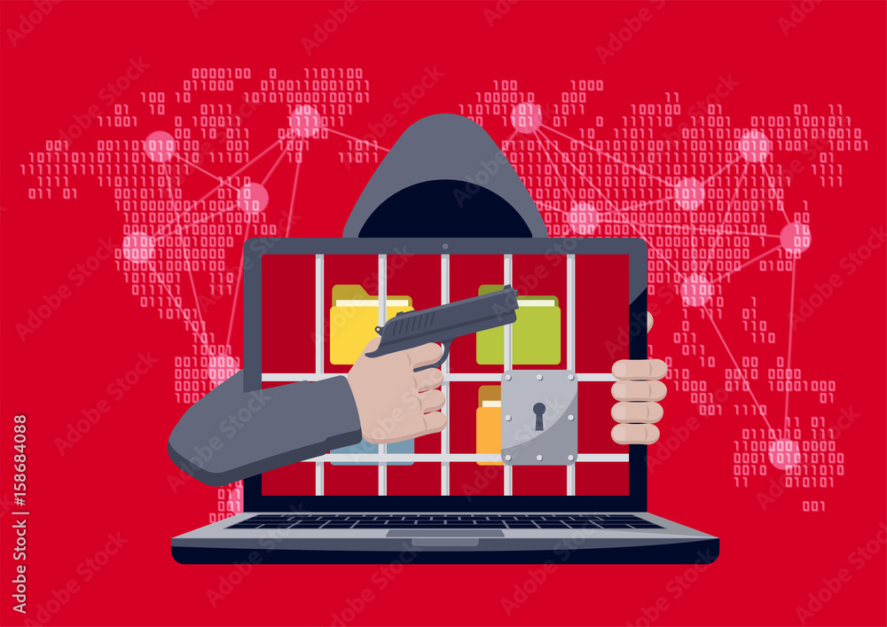 Anonymous hacker with hood pointing gun at locked laptop, with folders ...