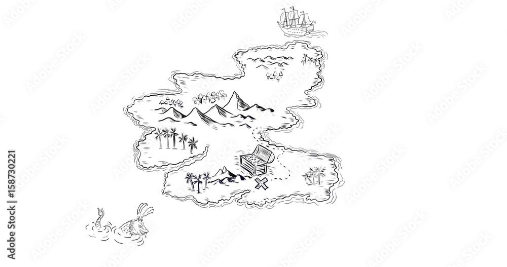Pirate Treasure Map Sailing Ship Sea Serpent 2D Animation สต็อกวิดีโอ ...