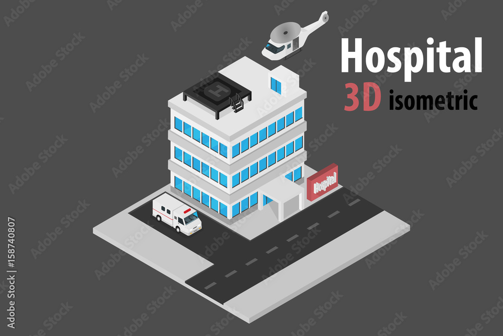 3D isometric hospital with helicopter and ambulance.vector and ...