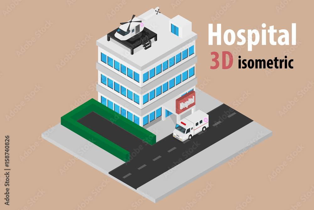 3D isometric hospital with helicopter and ambulance.vector and ...