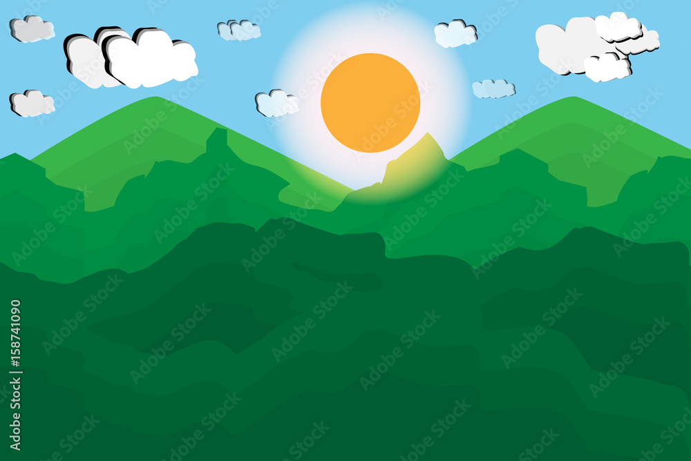 red mountain hill landscape with tree and star on the green sky ...