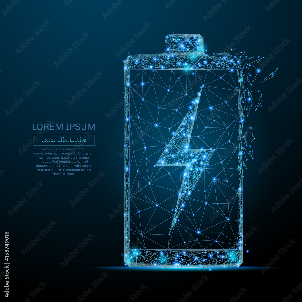 Polygonal battery. Vector mesh spheres from flying debris. Thin line ...