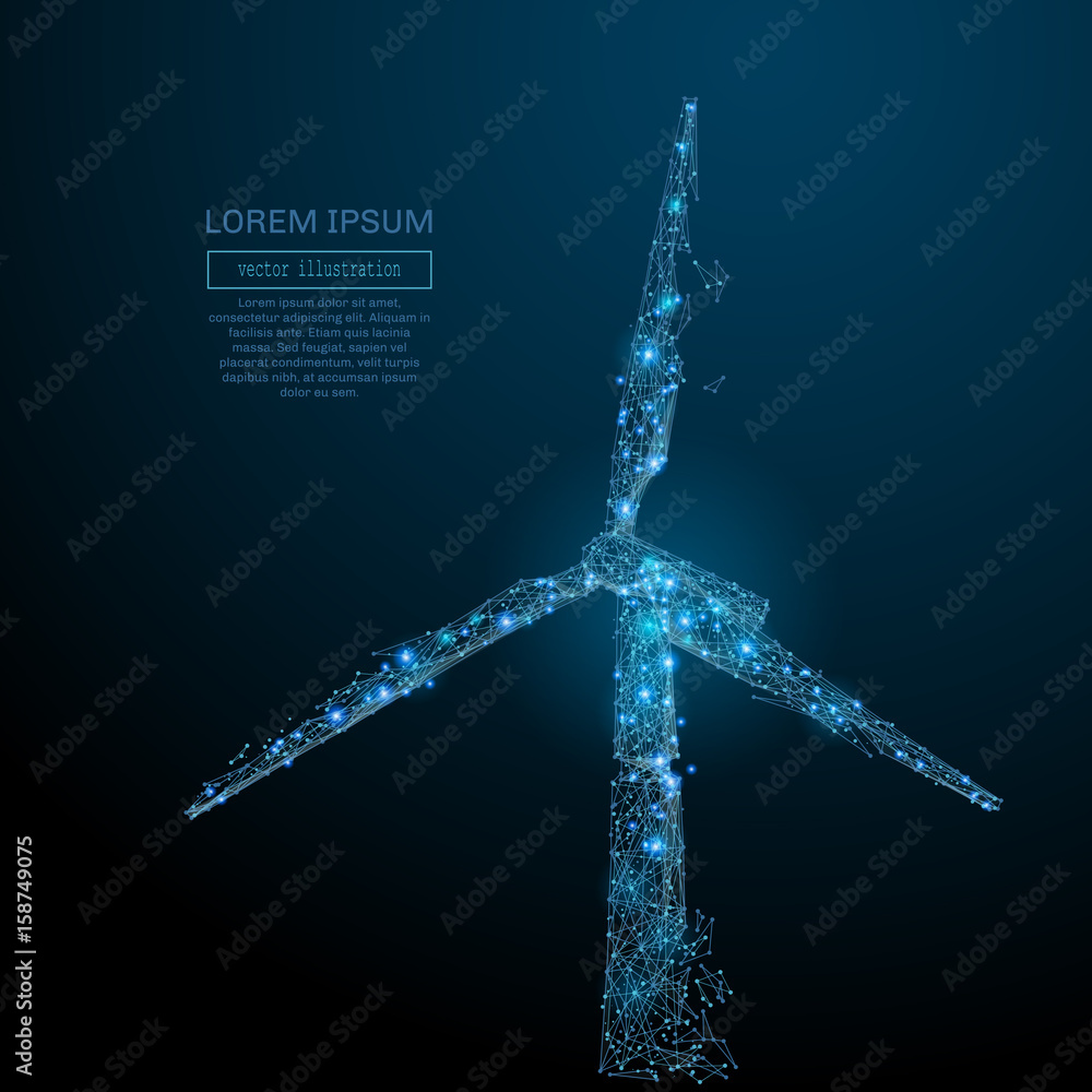 Polygonal windmill. Vector mesh spheres from flying debris. Thin line ...