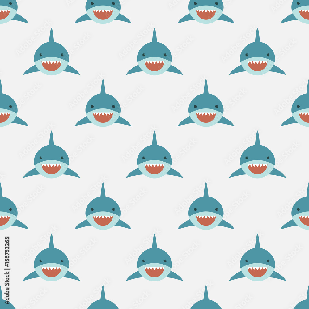 Shark seamless pattern. Cute shark front face in flat design ...