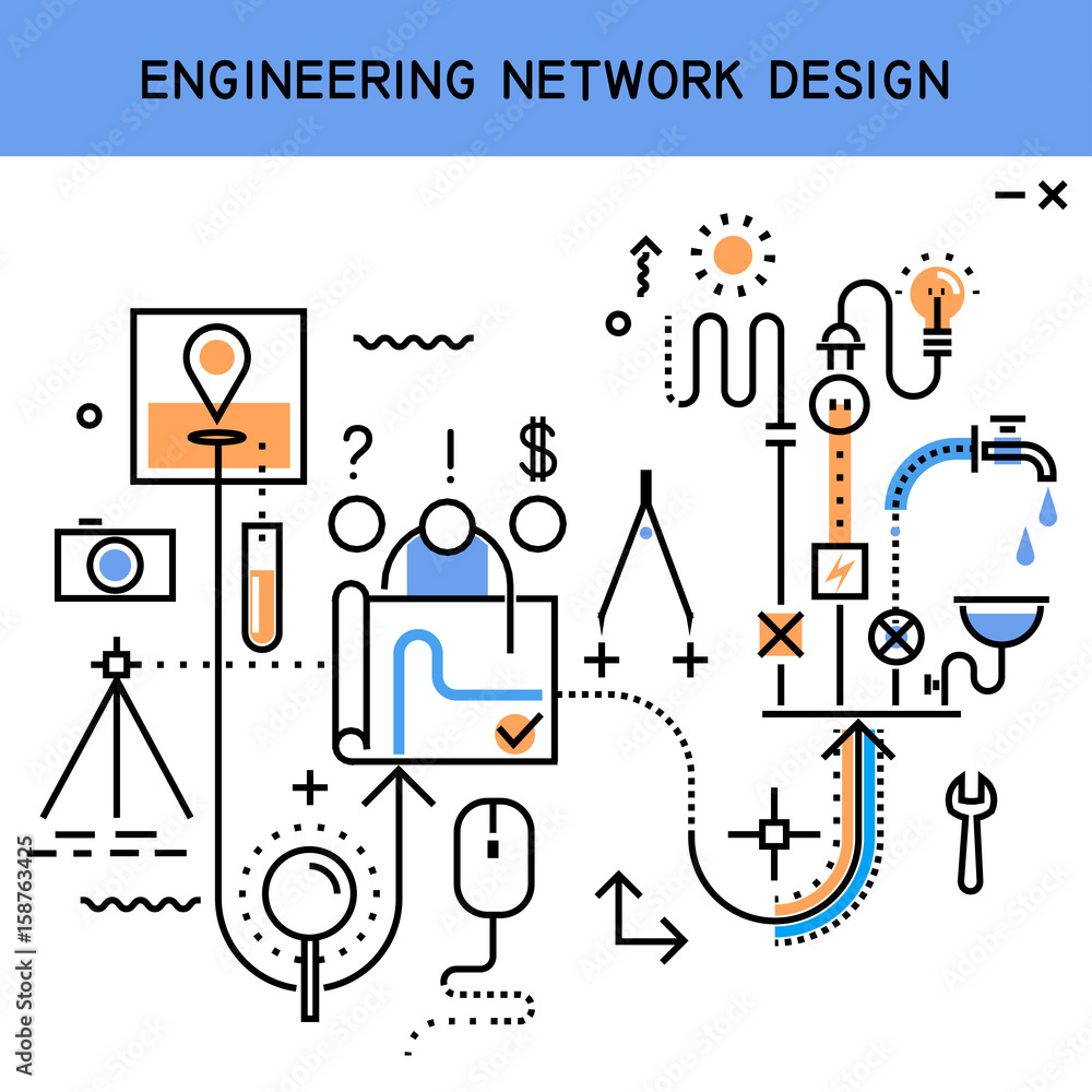 Vector flat line abstract process illustration of engineering network ...
