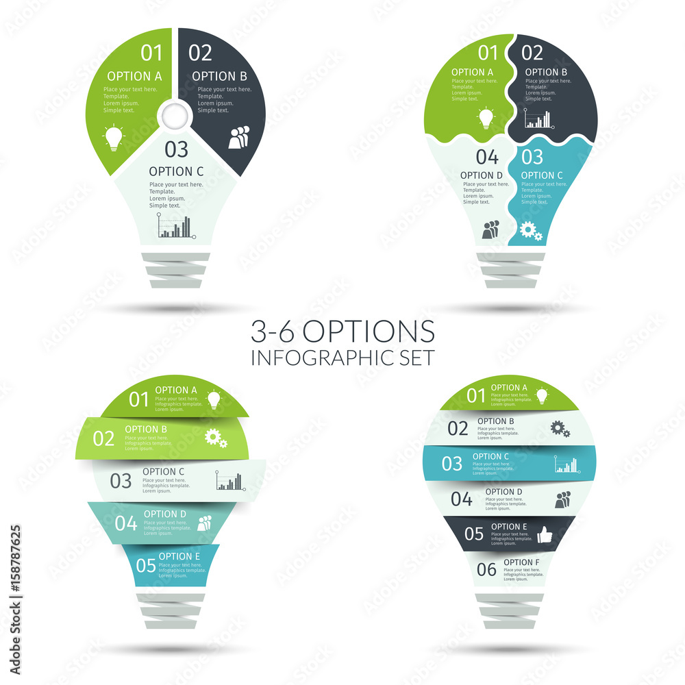 Modern light bulb infographic set. Business concept with 3 4 5 6 ...