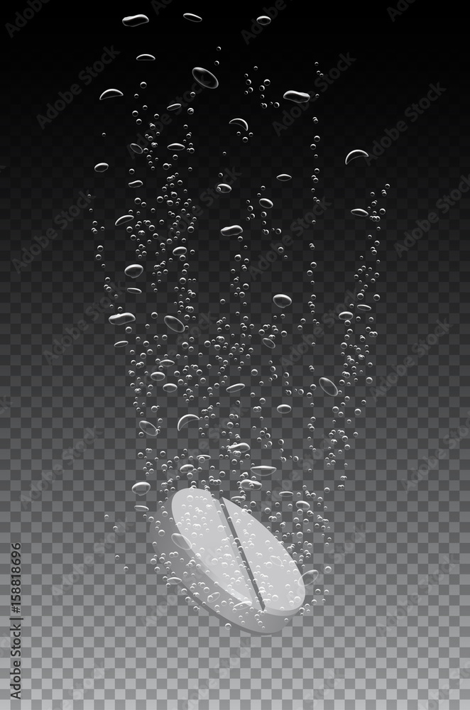 Fizzy tablet with bubble trace in water on transparent background ...